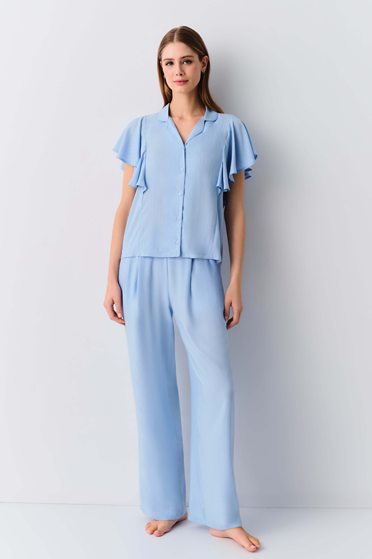 Mavi Cream Gömlek Yaka Pijama Takımı | SUWEN