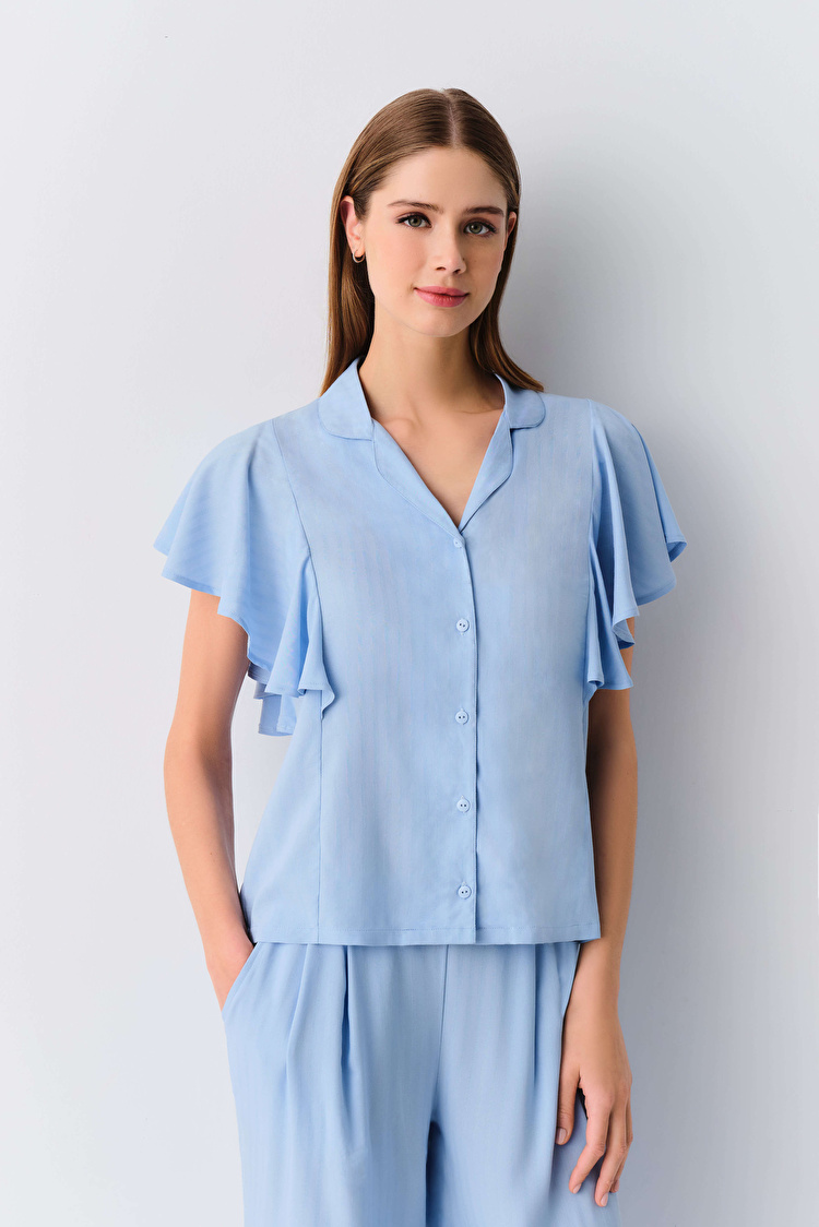 Mavi Cream Gömlek Yaka Pijama Takımı | SUWEN