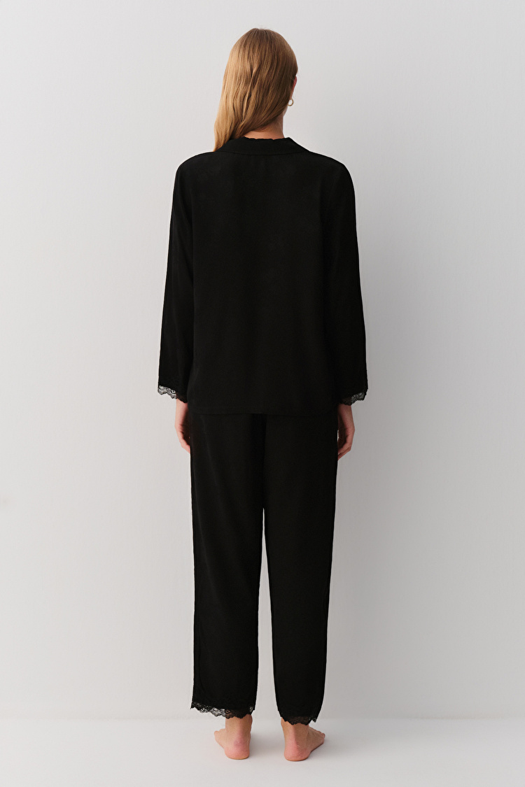 Siyah Viviana Gömlek Yaka Pijama Takımı | SUWEN
