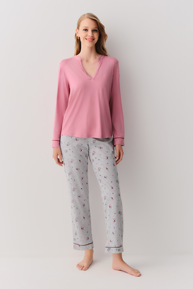 Gri Melanj Desenli Linda Pijama Takımı | SUWEN