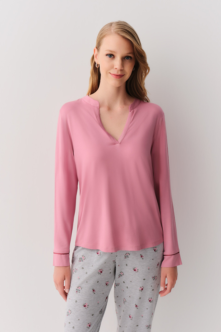 Gri Melanj Desenli Linda Pijama Takımı | SUWEN